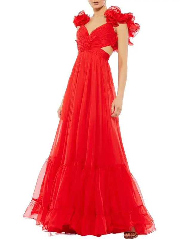 Mac Duggal Sleeveless Ruffle Tiered Chiffon Gown - Red
