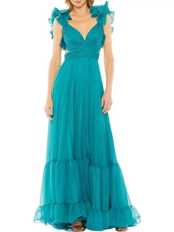 Mac Duggal Sleeveless Ruffle Tiered Chiffon Gown - Turquoise