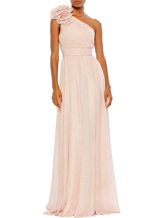 Mac Duggal One-shoulder Polka Dot Chiffon Gown With Ruffle Detail - Porcelain