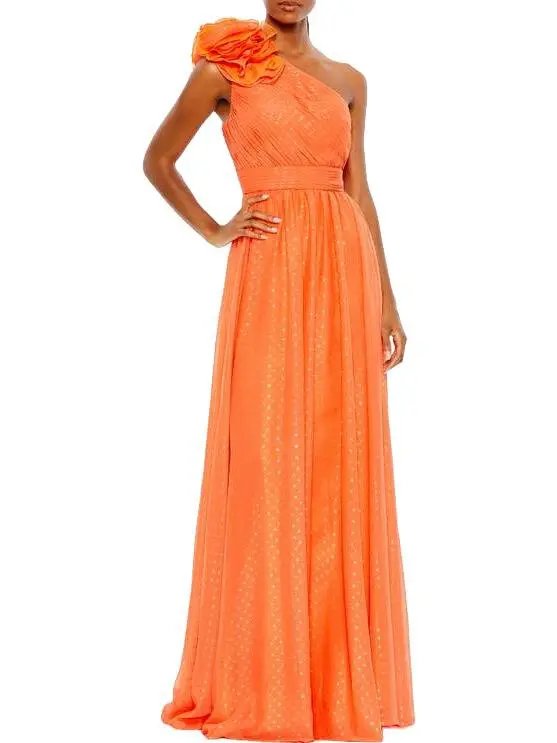 Mac Duggal Polka Dot One Shoulder Gown - Tangerine