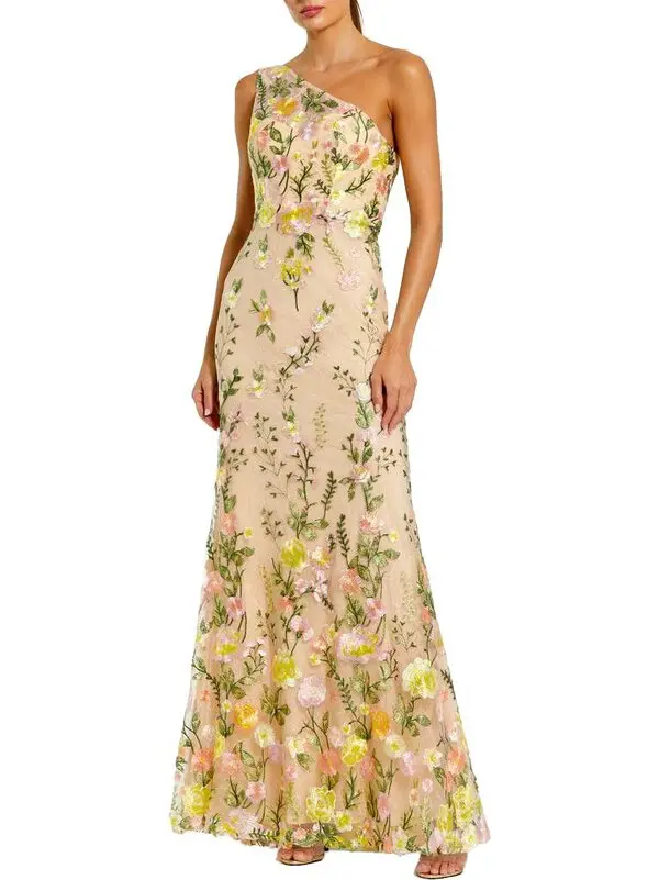 Mac Duggal One-shoulder Embroidered Lace Gown - Yellow Multi