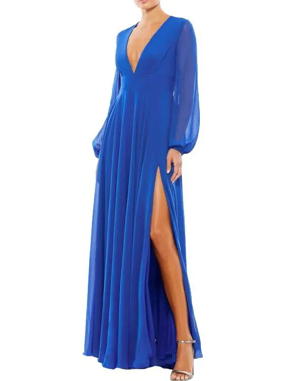 Mac Duggal V-neck Illusion Long Sleeve Chiffon Gown - Royal Blue