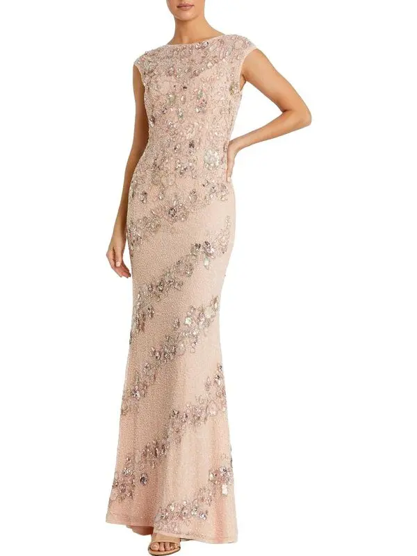 Mac Duggal Floral Embellished Cap Sleeve Column Gown - Beige Silver