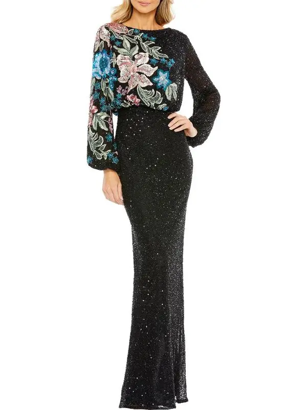 Mac Duggal High Neck Floral Sequin Gown - Black Multi