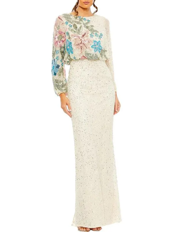 Mac Duggal High Neck Floral Sequin Gown - Nude Multi