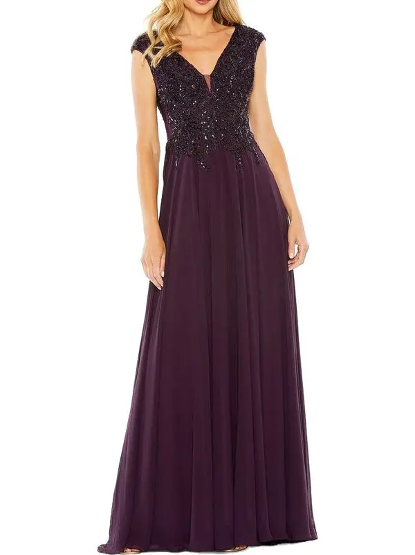 Mac Duggal Applique And Jeweled Encrusted Cap Sleeve Chiffon Gown - Aubergine