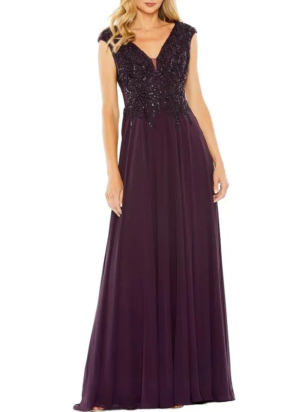 Mac Duggal Applique And Jeweled Encrusted Cap Sleeve Chiffon Gown - Aubergine