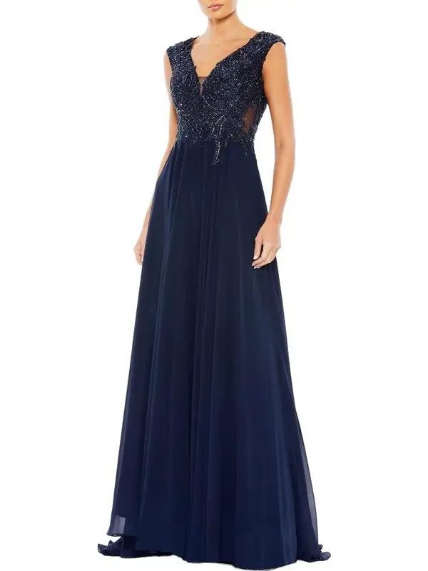 Mac Duggal Applique And Jeweled Encrusted Cap Sleeve Chiffon Gown - Navy