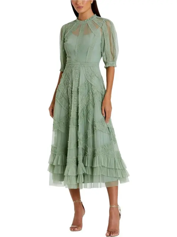 Mac Duggal High Neck Puff Sleeve Ruffle Tiered Dress - Jade