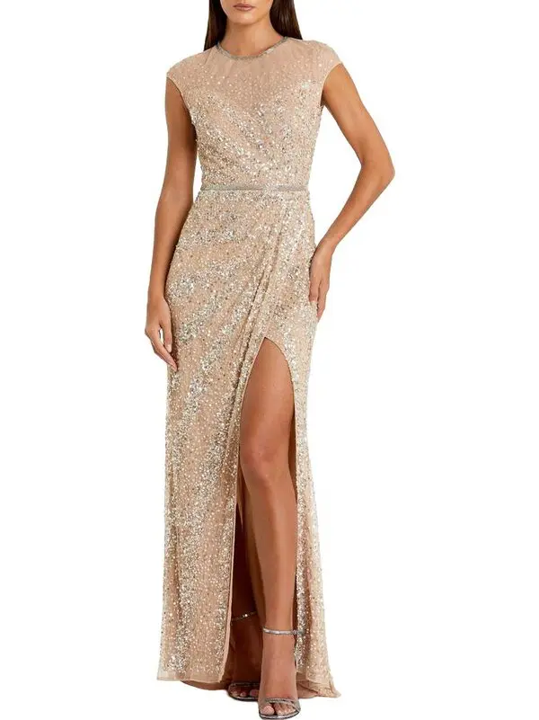 Mac Duggal Embellished High Neck Cap Sleeve Gown - Nude