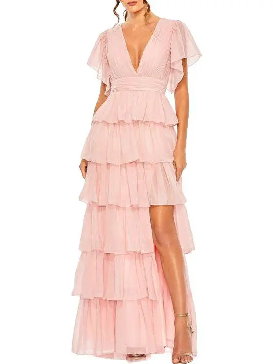 Mac Duggal Tiered Flutter Sleeve V-neck Maxi Dress - Petal Pink