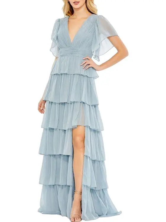 Mac Duggal Tiered Flutter Sleeve V-neck Maxi Dress - Slate Blue