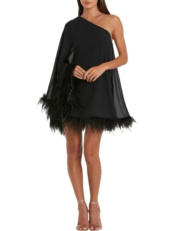 Mac Duggal One-shoulder Feather-trimmed Trapeze Dress - Black