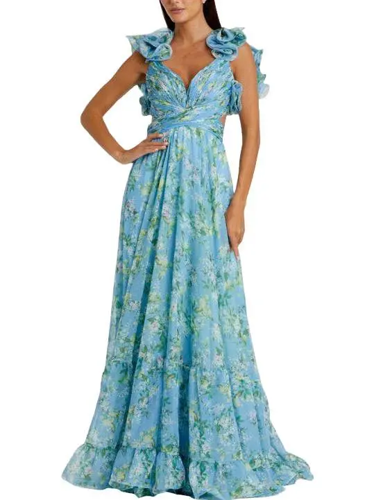 Mac Duggal Ruffle Tiered Floral Cut-out Chiffon Gown - Blue Multi
