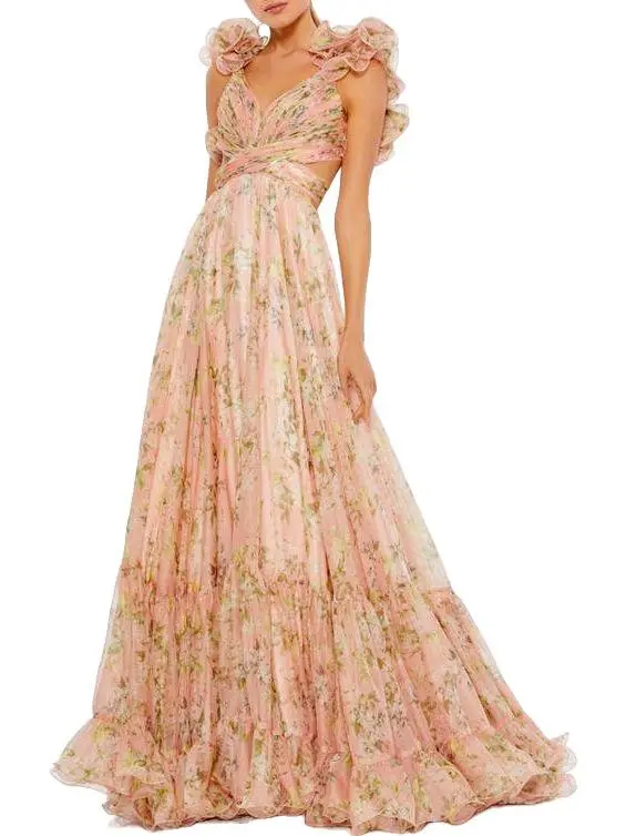 Mac Duggal Ruffle Tiered Floral Cut-out Chiffon Gown - Pink Multi