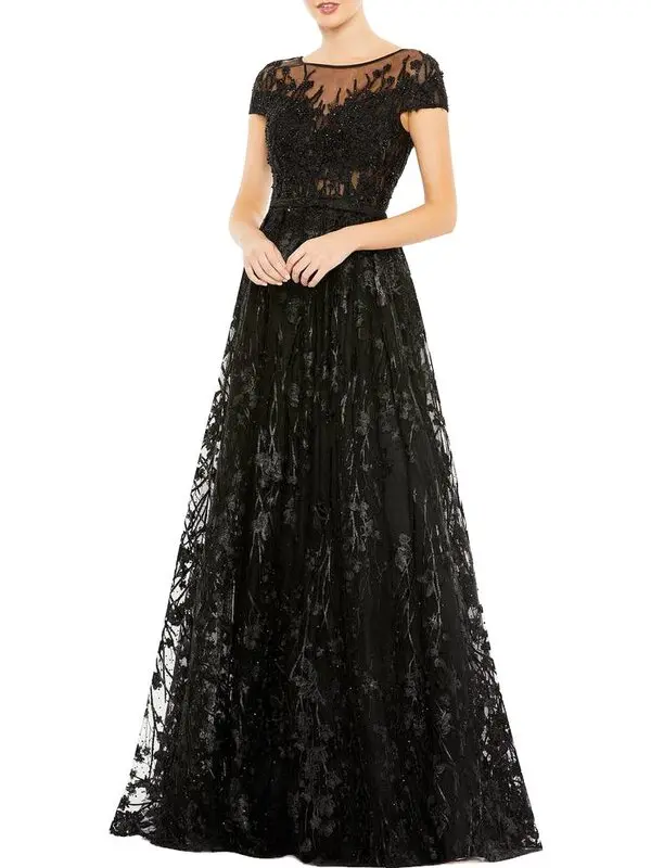 Mac Duggal Embellished Floral A-line Gown - Black