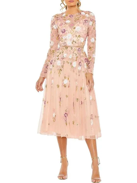 Mac Duggal Sequined Floral Midi Dress - Blush