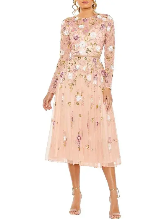Mac Duggal Sequined Floral High Neck Midi Dress - Blush