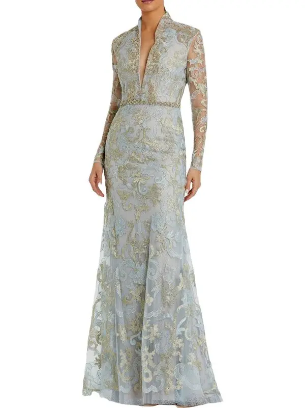 Mac Duggal Long Sleeve Applique V-neck Gown - Powder Blue