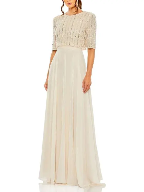 Mac Duggal Beaded 3/4 Sleeve Chiffon Gown - Nude