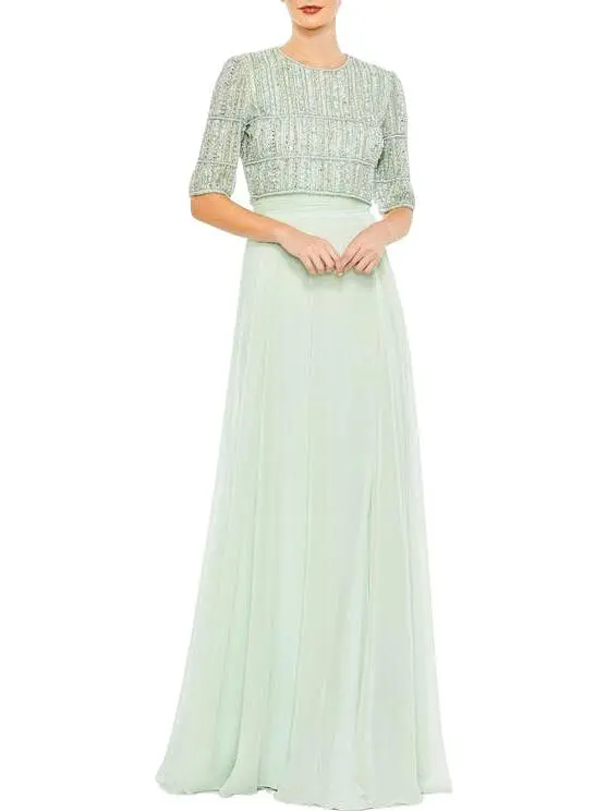 Mac Duggal Beaded 3/4 Sleeve Chiffon Gown - Sage