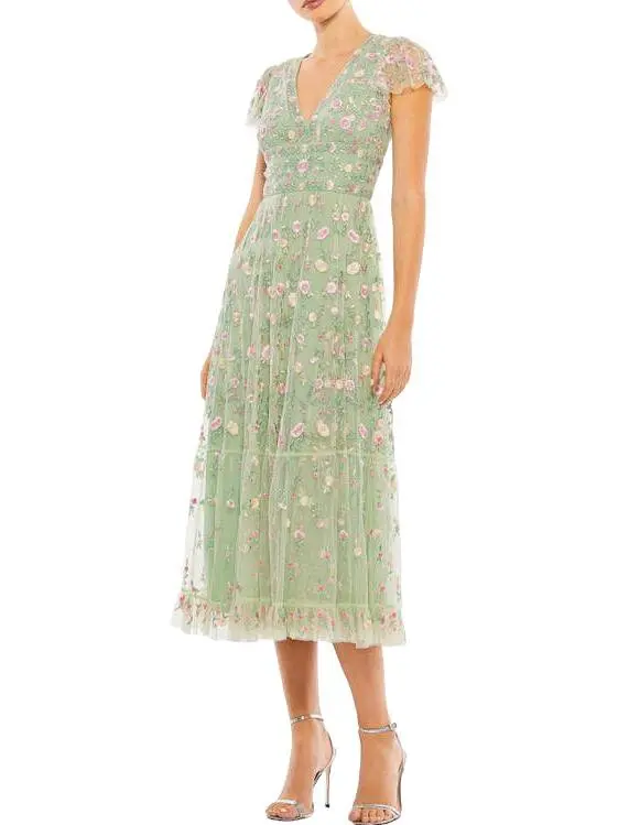 Mac Duggal Embroidered V-neck Midi Dress - Sage