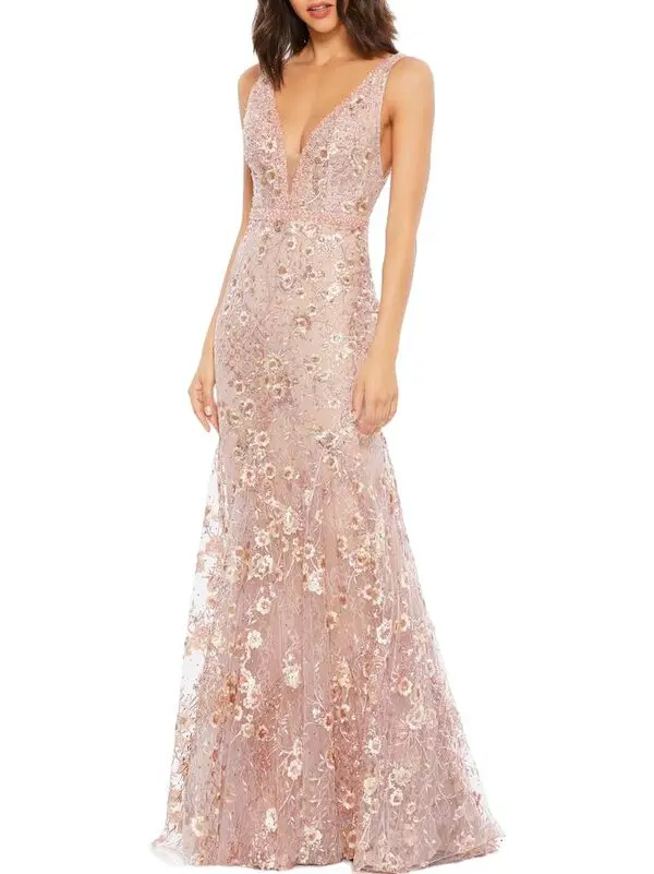 Mac Duggal Floral Embellished Plunge Neck Gown - Rose Pink