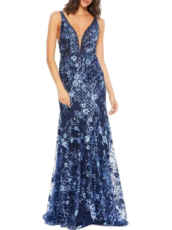 Mac Duggal Floral Embellished Plunge Neck Gown - Twilight