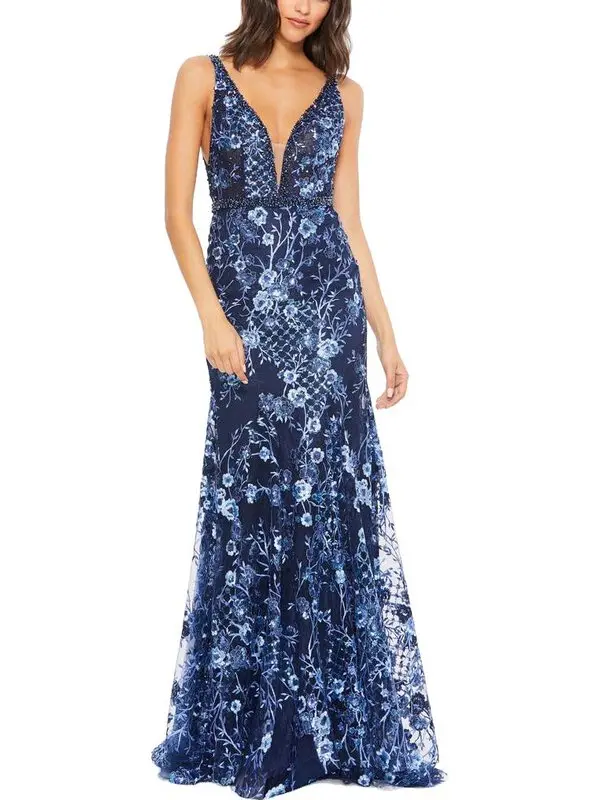 Mac Duggal Floral Embellished Plunge Neck Gown - Twilight