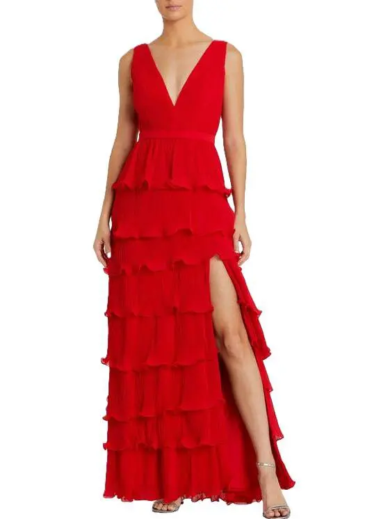 Mac Duggal Sleeveless Ruffle Tiered Gown - Red