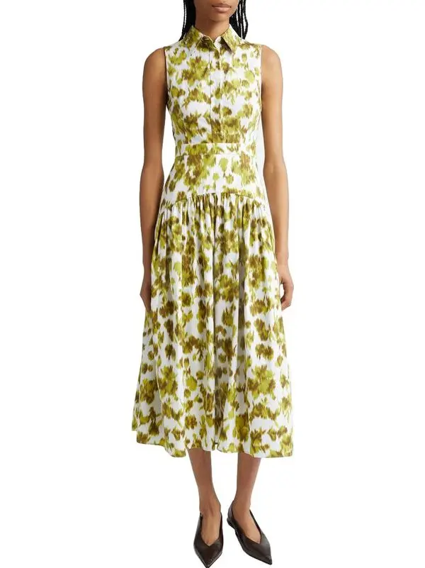 Michael Kors Abstract Floral Print Shirtdress - Moss/ Optic White