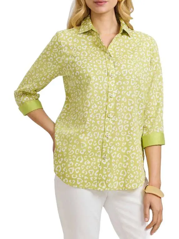 Foxcroft Margie Leopard Print Three-quarter Sleeve Cotton Shirt - Chartreuse Multi