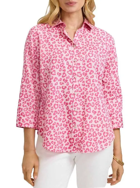 Foxcroft Margie Leopard Print Three-quarter Sleeve Cotton Shirt - Pink Flambe Multi