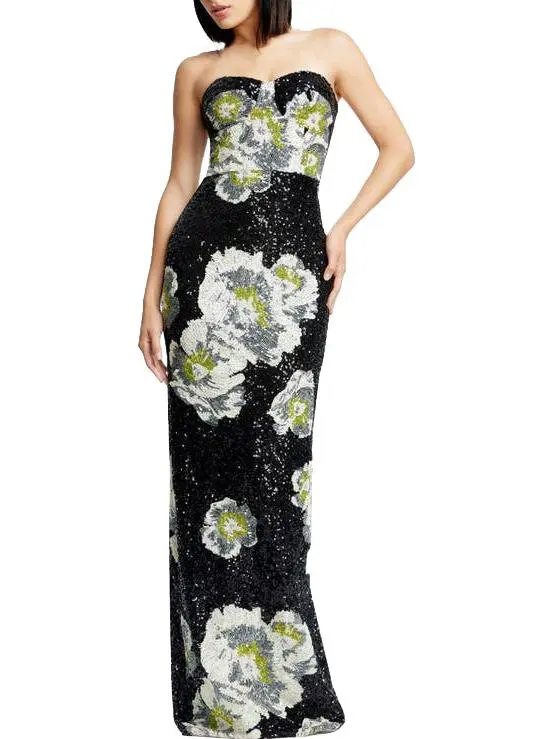 Dress The Population Vada Floral Sequin Gown - Black Multi