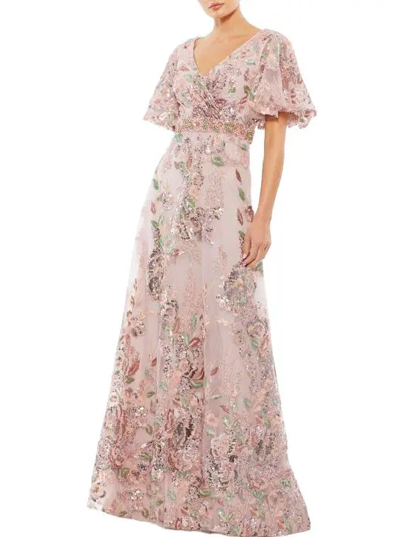 Mac Duggal Floral Embellished Faux Wrap Gown - Rose Pink