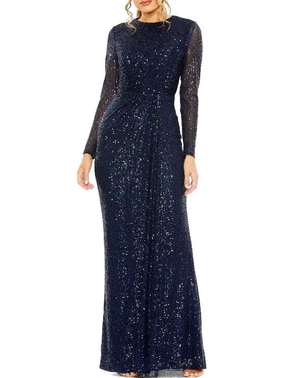 Mac Duggal Sequin Long Sleeve Column Gown With Side Knot - Midnight