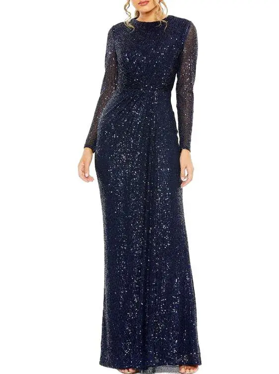 Mac Duggal Sequin Long Sleeve Column Gown With Side Knot - Midnight
