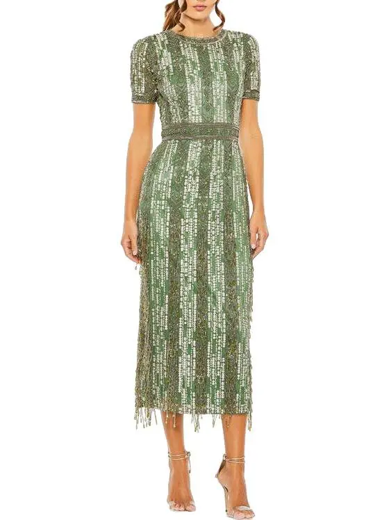 Mac Duggal High Neck Short Sleeve Crystal Fringe Column Dress - Sage