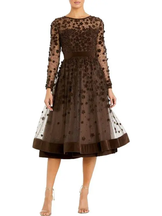Mac Duggal Embellished Illusion High Neck Fit & Flare Tea-length Cocktail Dress - Coffee