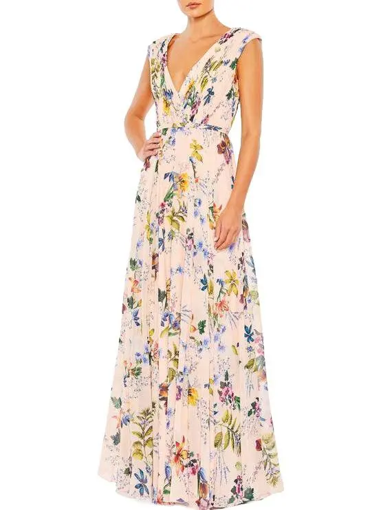 Mac Duggal Pleated Floral A-line Gown - Pink Multi