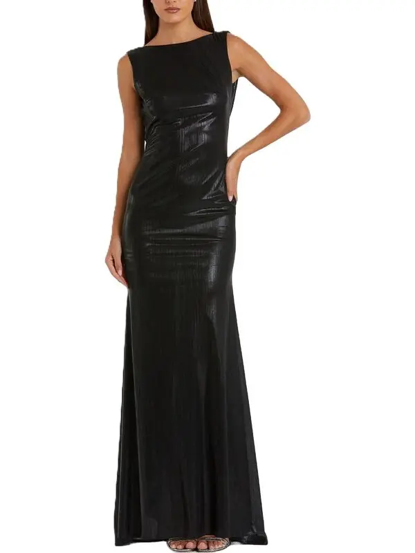 Mac Duggal Metallic Jersey Cowl Back Column Gown - Black