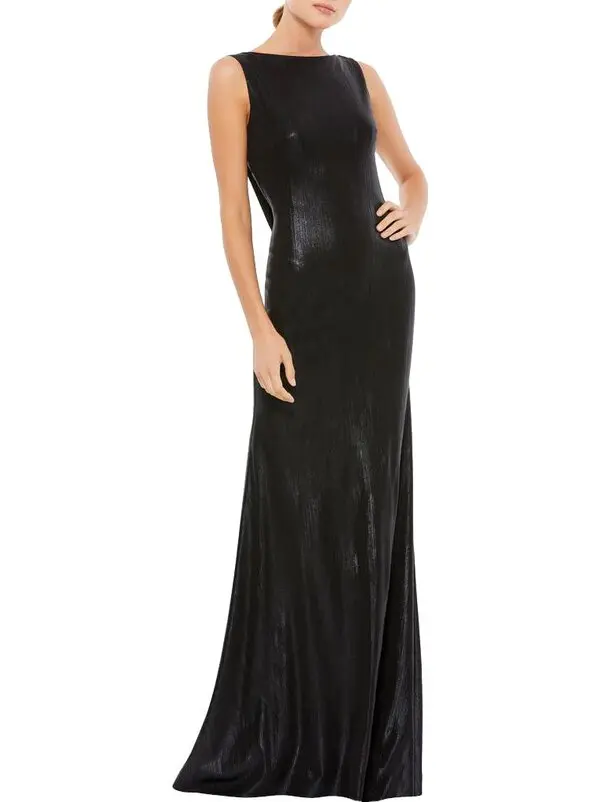 Mac Duggal Metallic Column Gown With Cowl Back And Ruffle Detail - Black