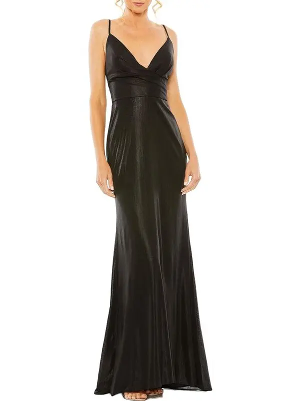 Mac Duggal Metallic Faux Wrap Gown - Black