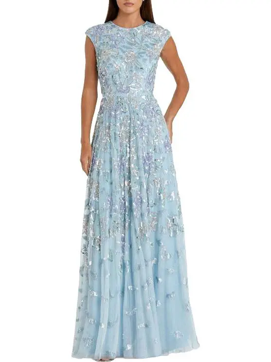Mac Duggal Sequined High Neck A-line Gown - Ice Blue Multi