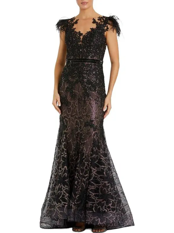Mac Duggal Embellished Feather Gown - Black