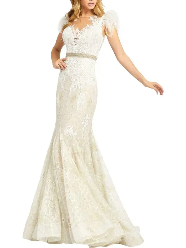 Mac Duggal Embellished Feather Gown - Ivory Nude