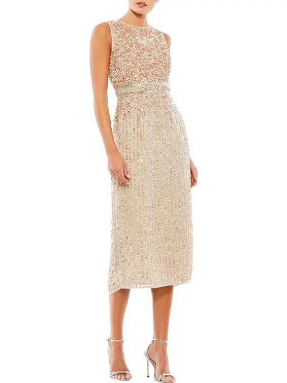Mac Duggal Sleeveless High Neck Beaded Midi Sheath Dress - Beige