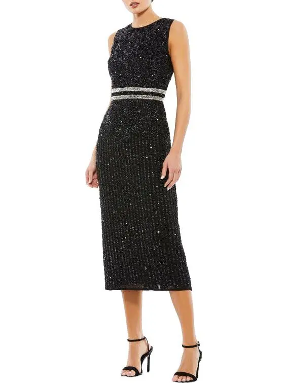 Mac Duggal Sleeveless High Neck Beaded Midi Sheath Dress - Black