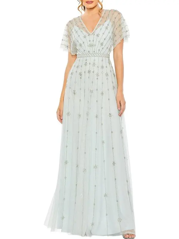 Mac Duggal V-neck Embellished A-line Gown - Mist