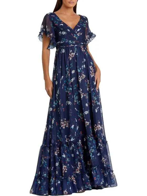 Mac Duggal Floral Flounce Sleeve Maxi Dress - Navy Multi